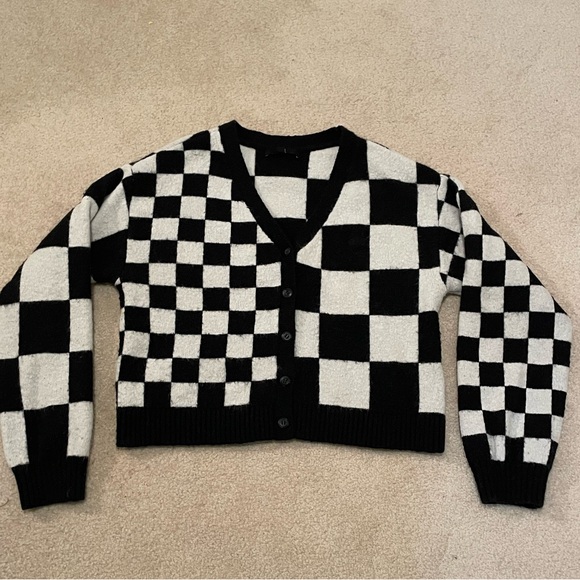 Vans | Sweaters | Vans Black And White Checkered Cardigan Sweater ...